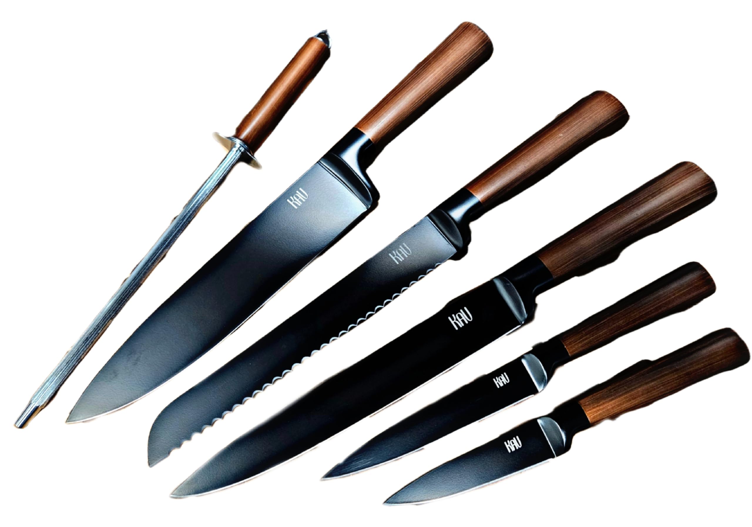 Knife Set with Block, KAV 7pc Kitchen Knives and Sharpening Rod, Stainless Steel Knife Set in High Carbon Matte Black, Chef's Slicing Bread Utility Knifes, Modern Wooden Block Open Face