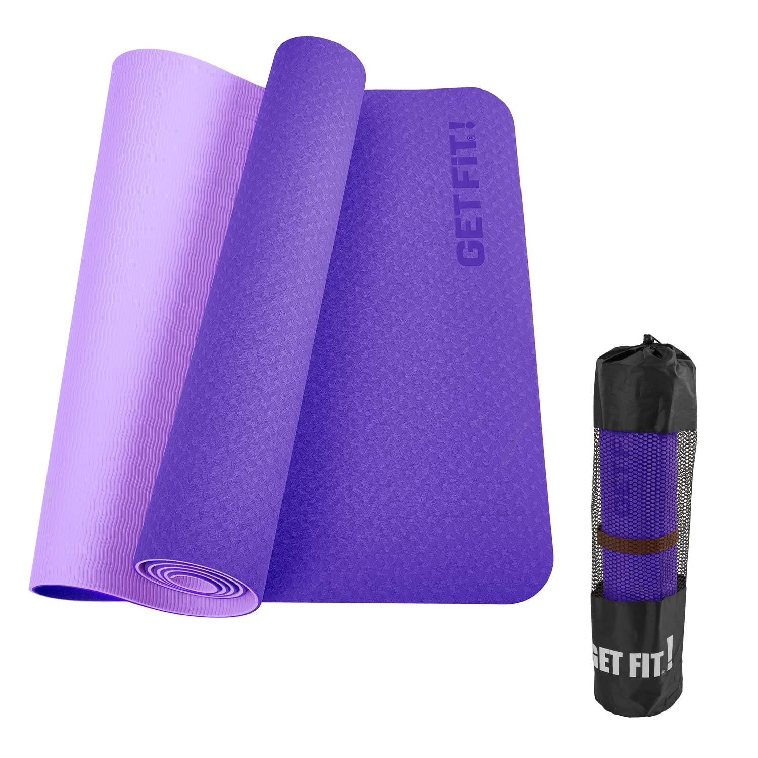 GET FIT! Eco Friendly TPE Yoga Mat Non-Slip surface 6mm thick with Carrying Strap. Lightweight easy to roll and carry. (Violet + Violet)