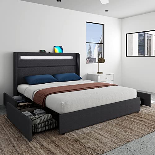 LUXOAK King LED Bed Frame with Wingback Headboard & 4 Storage Drawers, Upholstered Platform Bed with USB & USB-C Ports, App/Remote Control, Box Spring Optional, Dark Grey