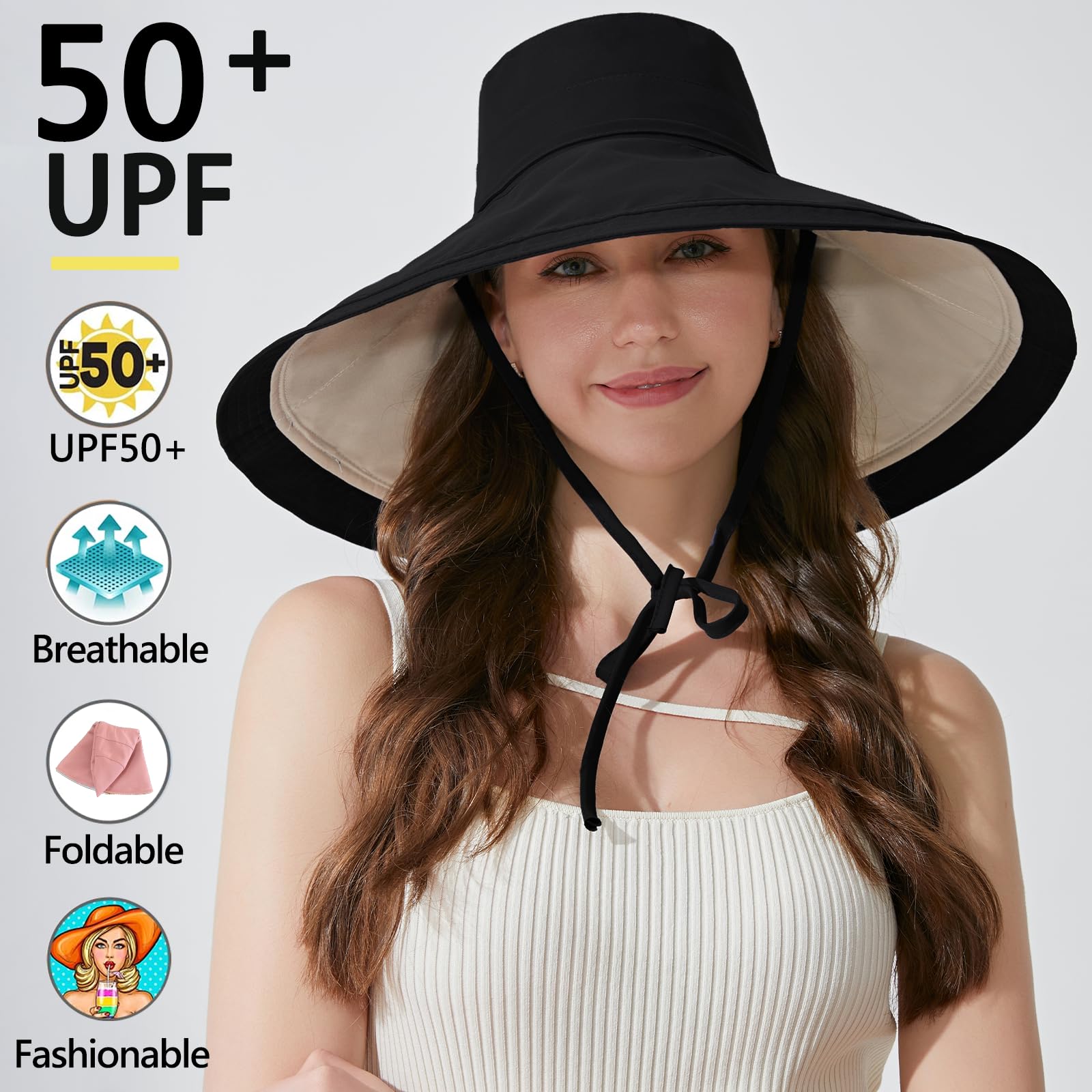 KEYDUACU 7" Women's Wide Brim Sun Hat, Large Foldable UV Protective Sun Hat, can be Worn on Both Sides, Suitable for Beach, Gardening, Travelling, Hiking(Black/White)