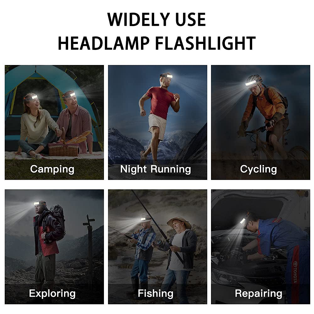 GETOVIN Headlamp Rechargeable, 2-Pack Head Lamp Flashlight Broad Beam USB LED Headlight with Red Safety Taillight Ultra Bright Hard Hat Light Waterproof,Outdoor Camping,Running