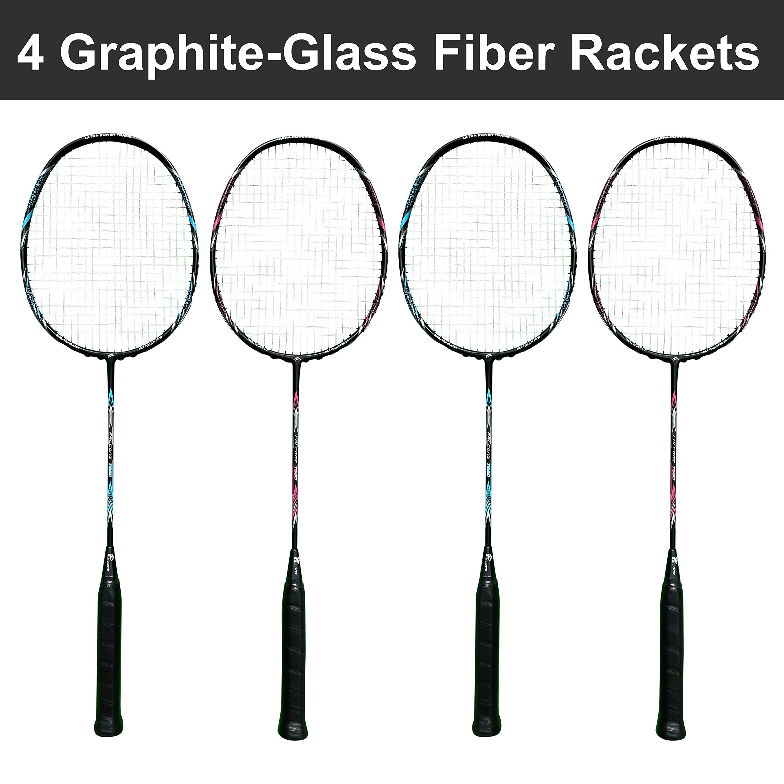 Falconz Badminton Set - 4 Graphite-Glass Fiber Rackets (80g-84g), 12 Goose Feather Shuttlecocks and 2 Racket Bags
