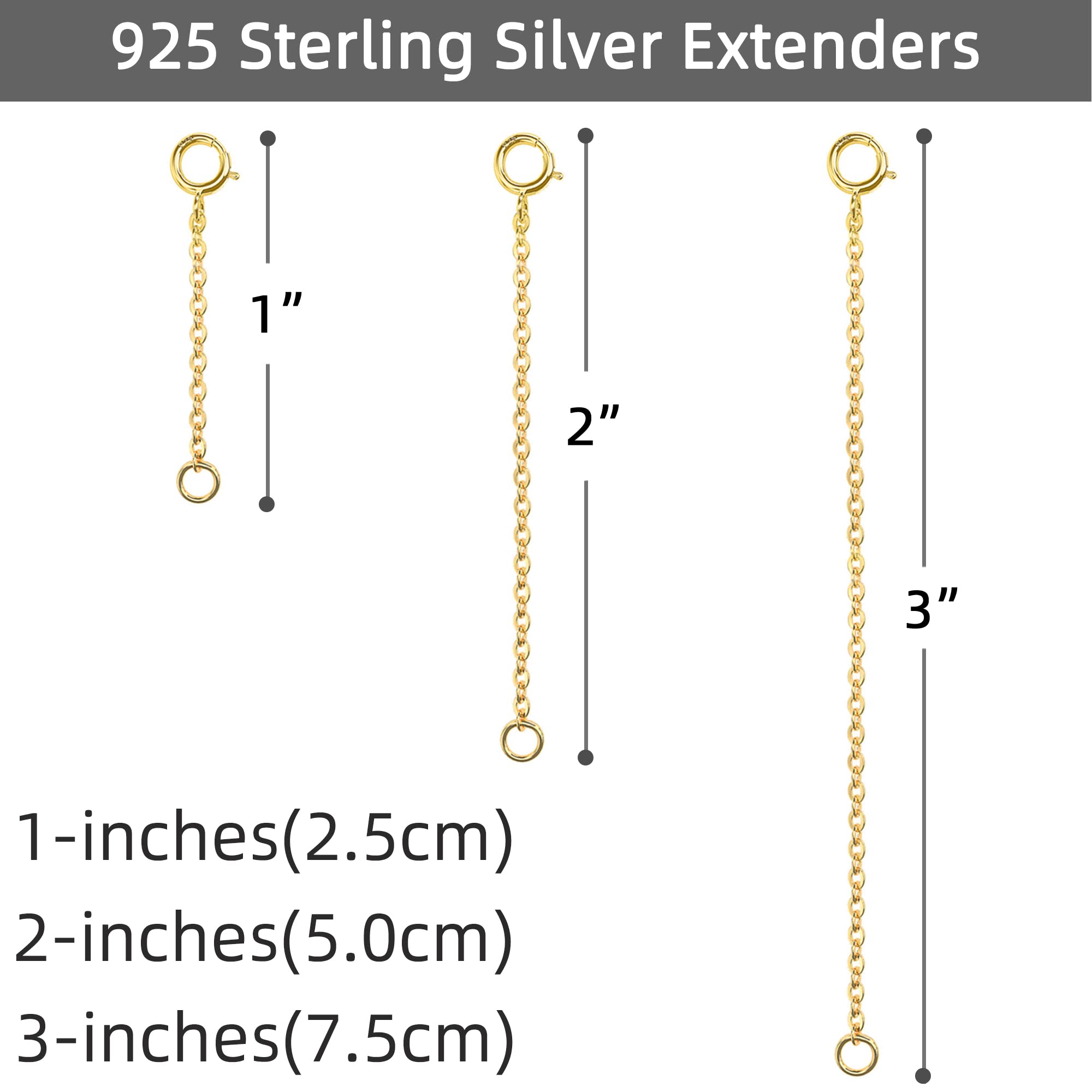 Gold Necklace Extenders 14k Gold Plated Extender Chain 925 Sterling Silver Extension Bracelet Extender Gold Chain Extenders for Necklaces 3 Pcs (1 2 3 Inch)(Gold)