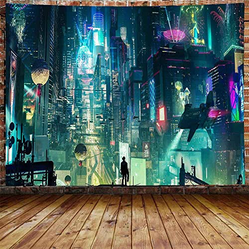 X-SISTER Fantasy Cityscape Tapestry Futuristic City Neon Punk Wall Hanging Teenage Boy Bedroom Tapestries 80×60 Inch for Livingroom Dorm Dormitory Apartment Tapestry TA21734