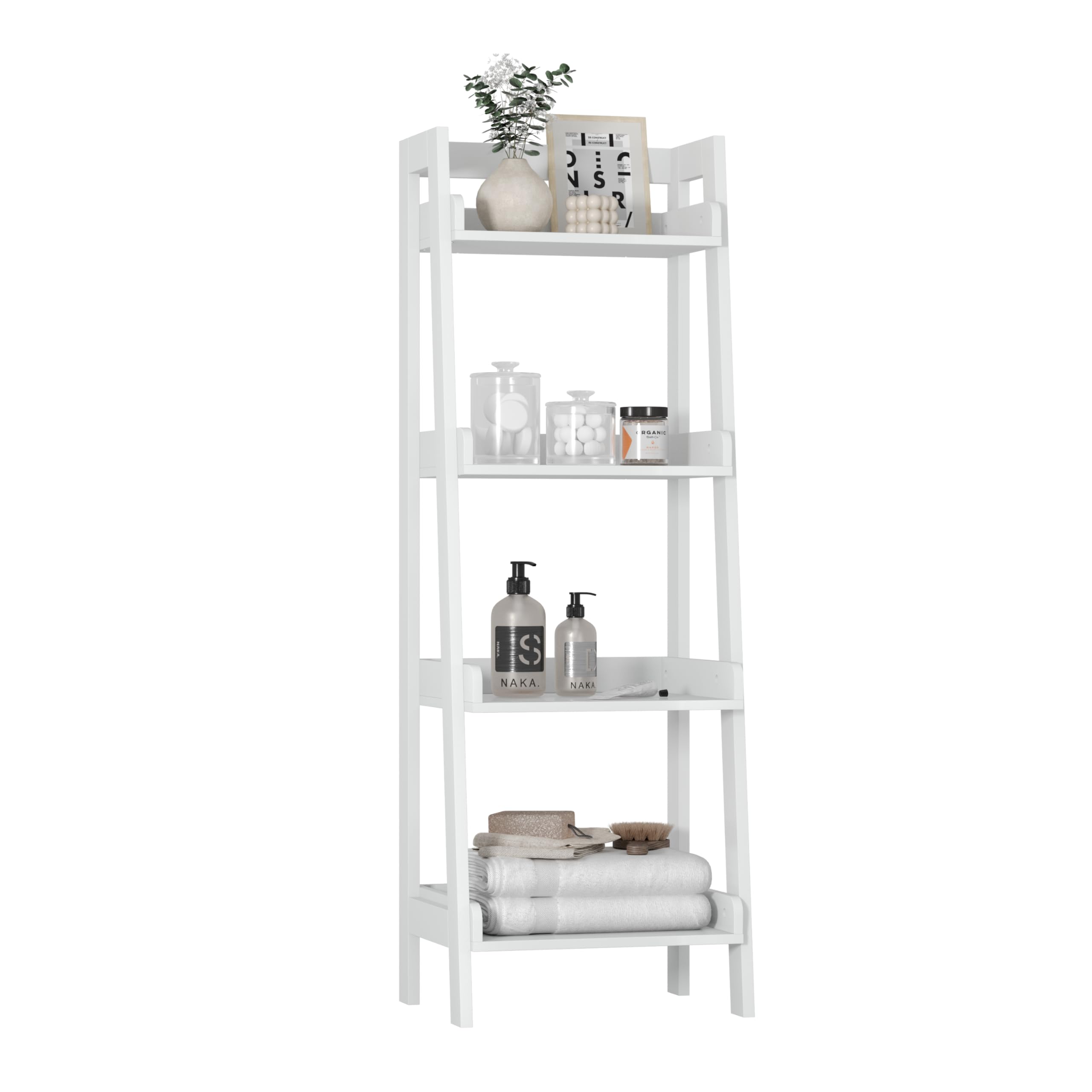 UTEX 4-Tier Ladder Shelf, Bathroom Shelf Freestanding, 4-Shelf Spacesaver Open Wood Shelving Unit, Ladder Shelf (White)