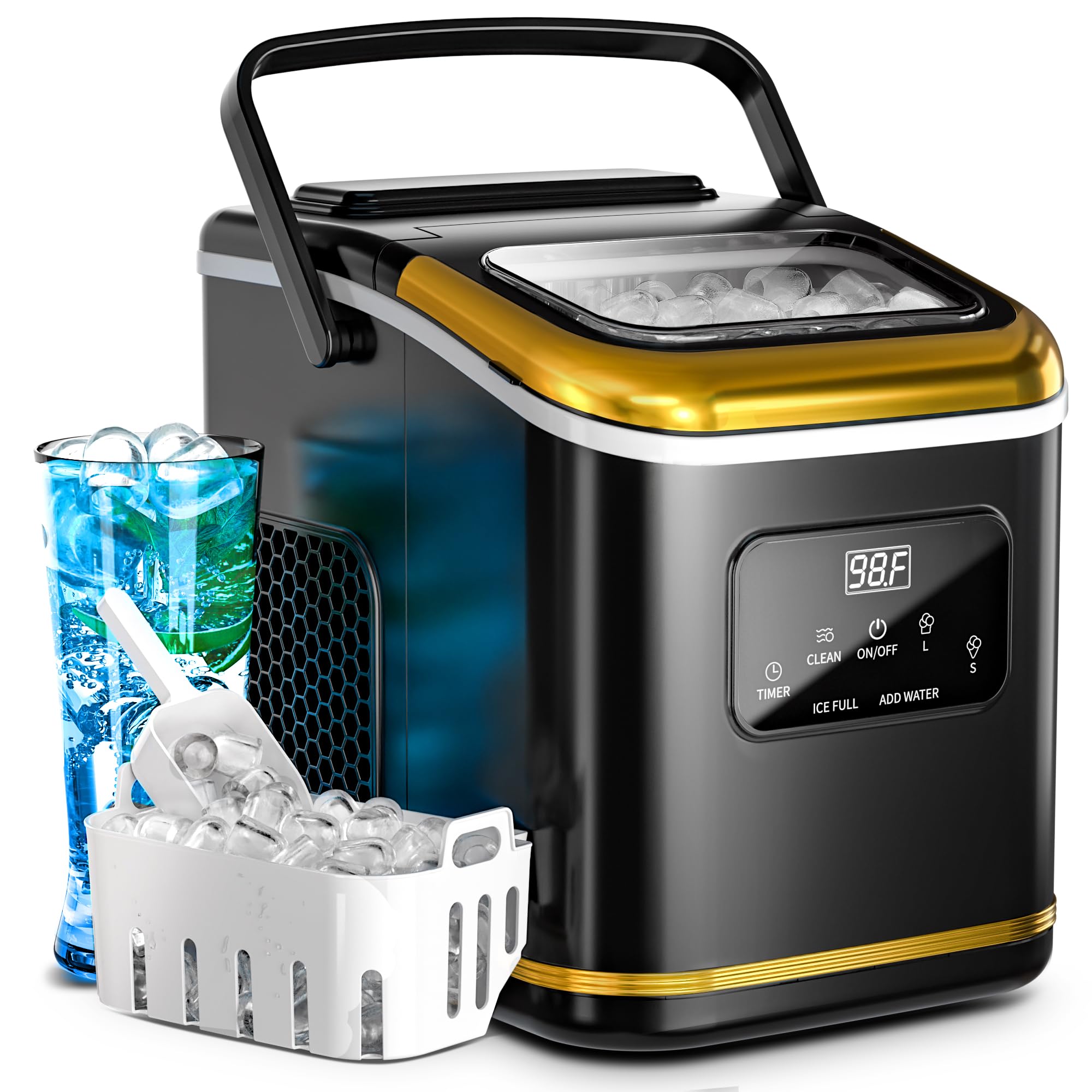 Kismile Ice Makers Countertop, Portable Ice Maker Machine with Handle, 28lbs/24Hrs, 6Mins/9 Pcs Ice Cubes, Self-Cleaning Ice Maker with Ice Basket/Scoop,Countertop Ice Makers for Home & Kitchen(Black)