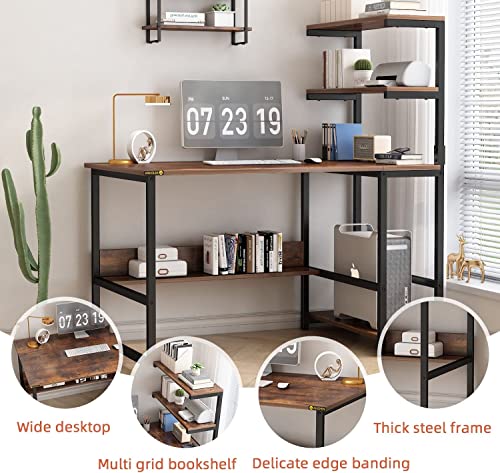 YQ JENMW Computer Desk with 4 Tier Shelves,43.3 Inch Study Table Desk with Storage Shelf,Study Gaming Storage Table Writing Desk with Bookshelf for Home Office Bedroom, Brown
