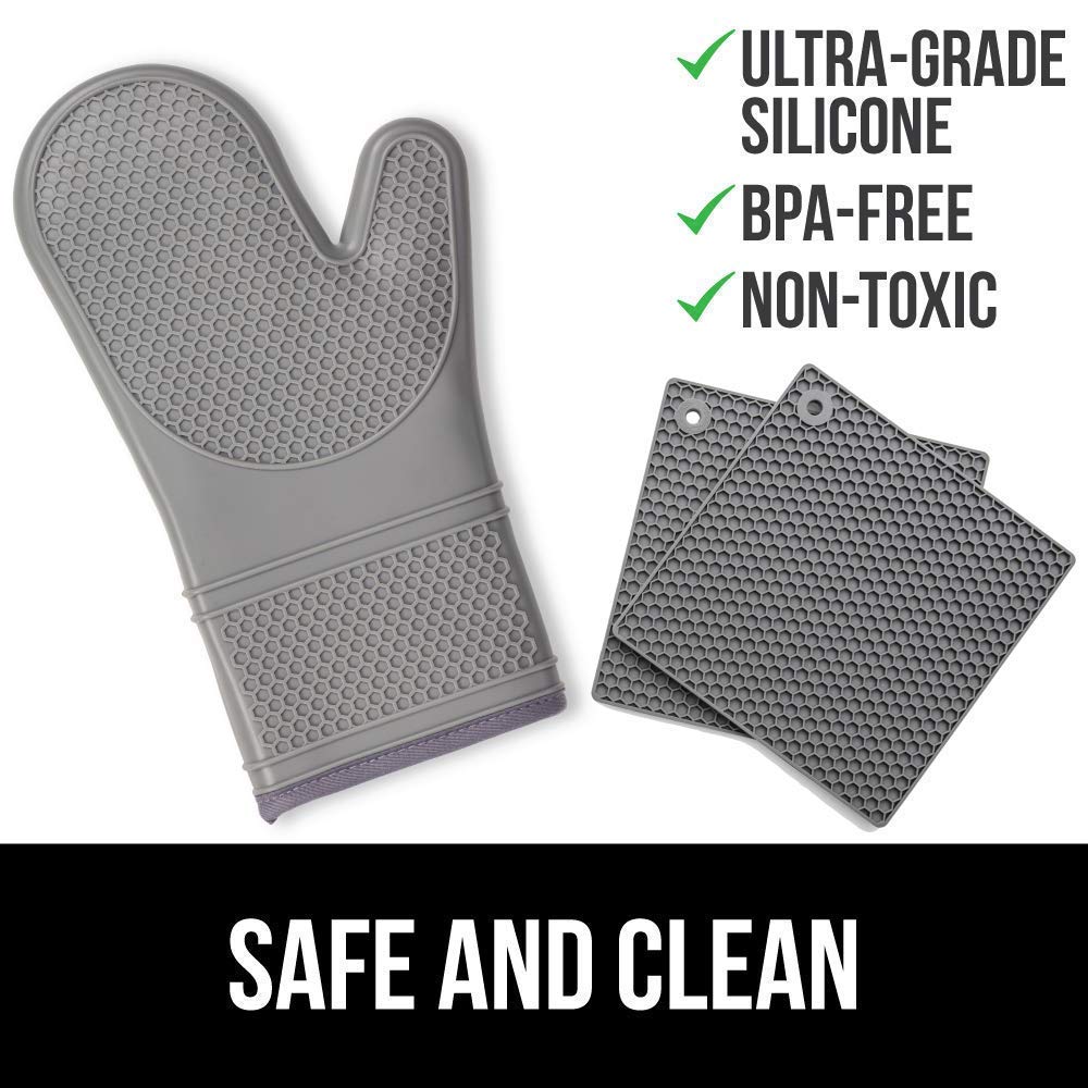 Gorilla Grip Cutting Board Set of 3 and Silicone Oven Mitt and Pot Holder 4 Piece Set, Includes Cooking Mitts and Trivet Mats, Cutting Boards are, Both in Gray Color, 2 Item Bundle