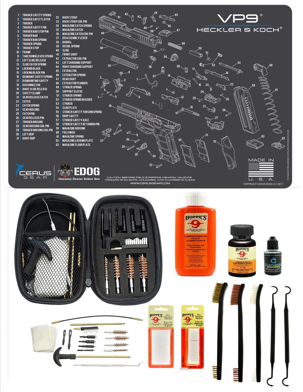 EDOG Range Warrior 27 Pc Gun Cleaning Kit - Compatible with Heckler & Koch HK VP9 - Schematic (Exploded View) Mat, Range Warrior Universal .22 9mm - .45 Kit & Tac Book Accessories Set