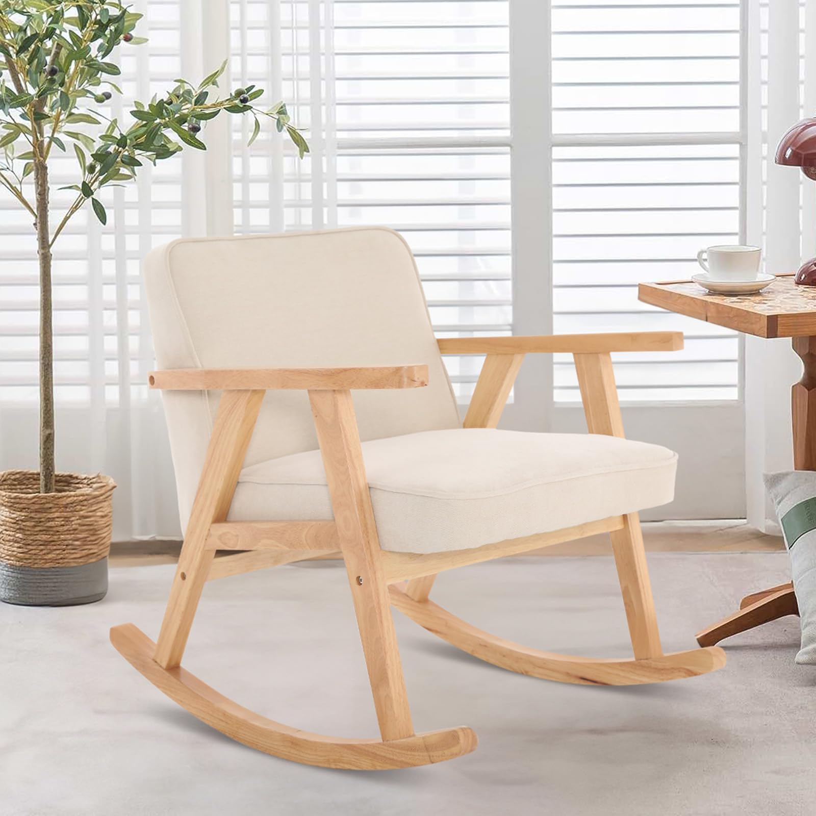 JEEOHEY Nursery Rocking Chair, Modern Upholstered Button Tufted Teddy Fabric Rocker Glider Chairs Single Sofa Armchair w/Solid Wood Legs, Side Pockets for Nursery Room, Living Room, White