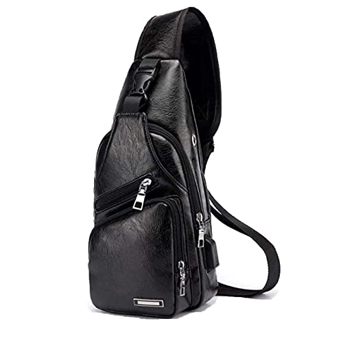 QICHUANG Men Sling Bag Leather Unbalance Chest Shoulder Bags Casual Crossbody Bag Gift for Men (black)