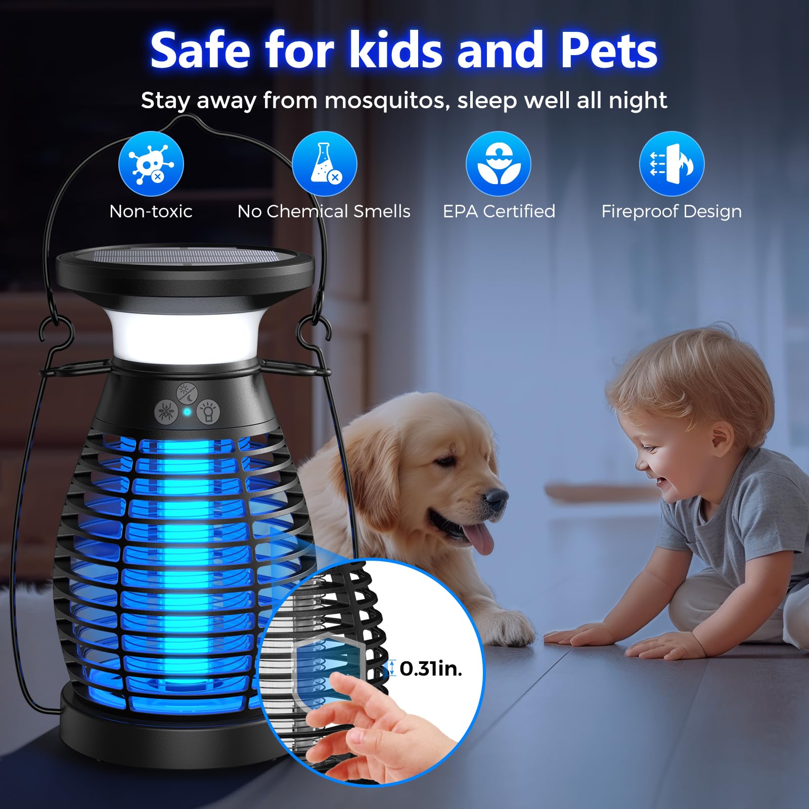 GTERT Solar Bug Zapper, 4200V Mosquito Zapper Outdoor, 4 in 1 Cordless Bug Zapper, Rechargeable Bug Zapper Outdoor Solar Powered with 4000mAh Battery, Portable Waterproof Fly Zapper for Patio