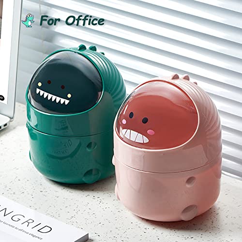 YISTOS 0.73 Gal Mini Desktop Trash Can with Lid, Cute Little Dinosaur Countertop Garbage Bin, Plastic Tiny Tabletop Wastebasket for Office/Kitchen/Coffee Table Room Decoration - Pink