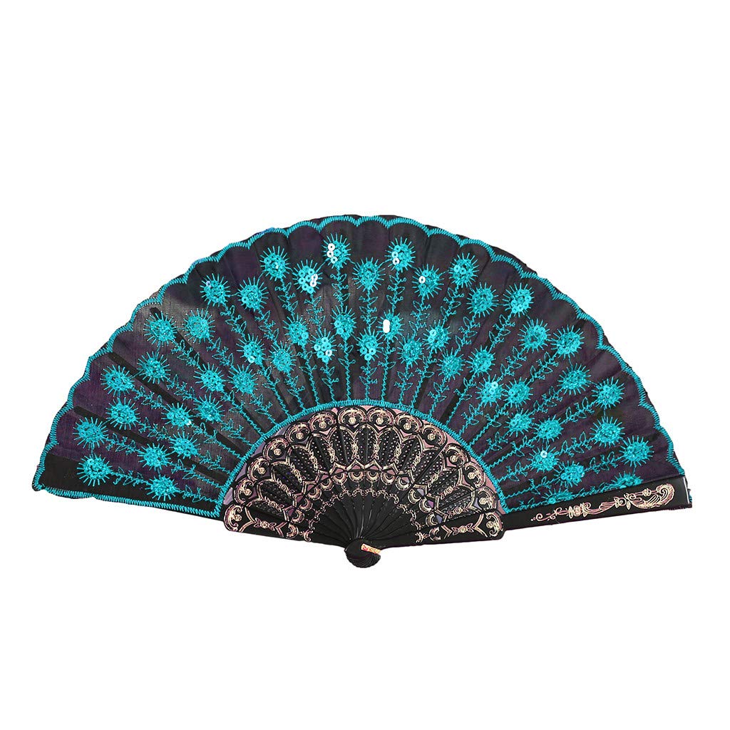 Folding Flower Hand Chinese Dance Wedding Silk Fan Style Lace Party Held Fans 6 Clip Fan Oscillating (Sky Blue-`, One Size)