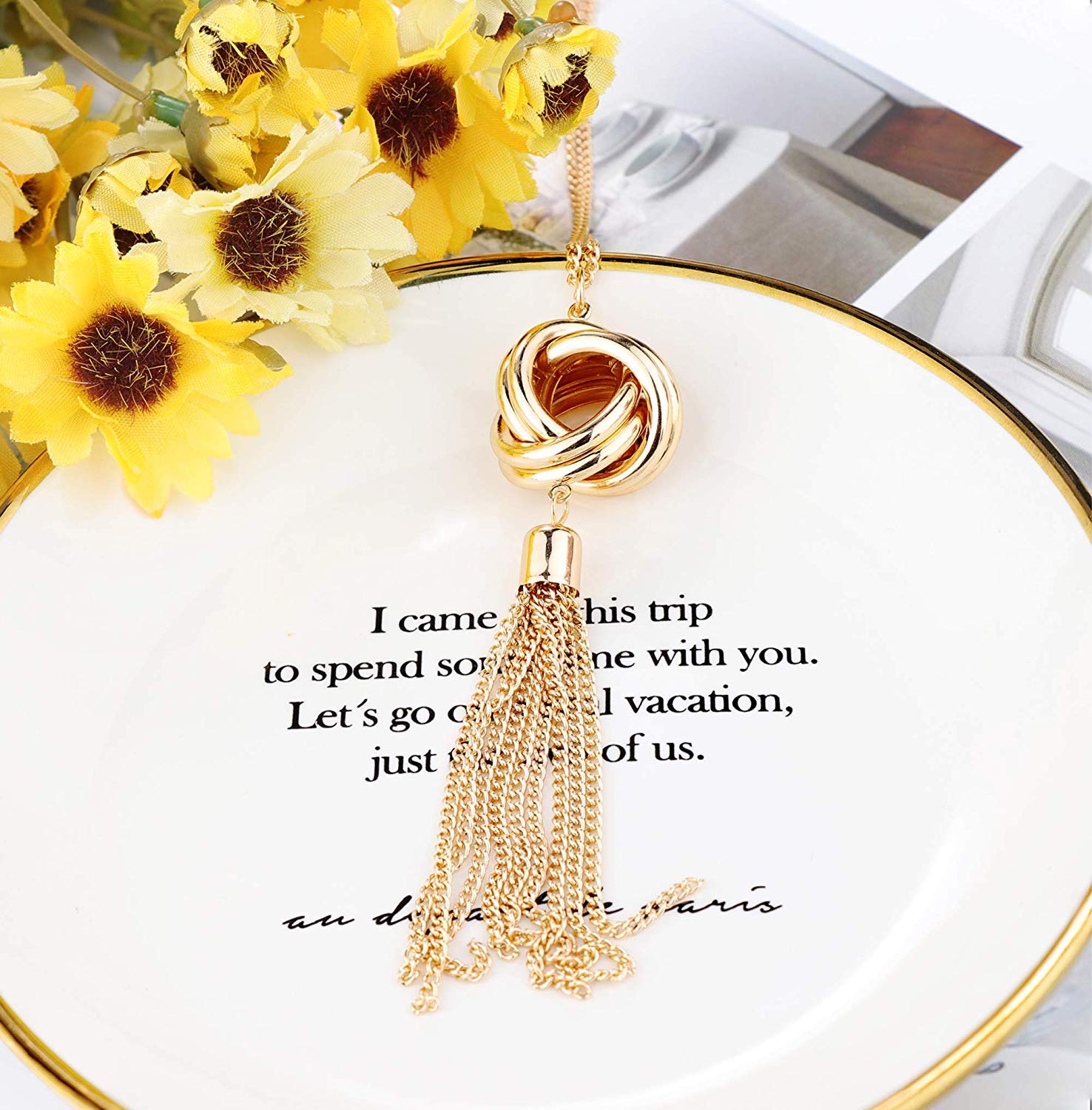Gexo 3PCS Long Pendant Necklaces for Women Disk Circle Pendant Triple Stack Pendant Necklace Tassel Sweater Necklace Statement Necklace Set