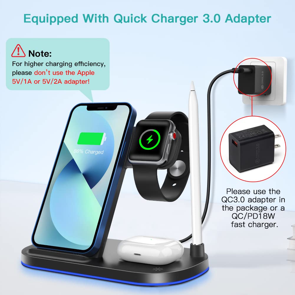 HERRBOL Wireless Charging Station 4 in 1,15W Fast Wireless Charger for iPhone 13/12/11/Pro/Max/XS/Max/XR/XS/X/8,Charging Dock Compatible with iWatch SE 7 6 5 4 3 2,AirPods Pro/3/2 and Pencil 1(Black)