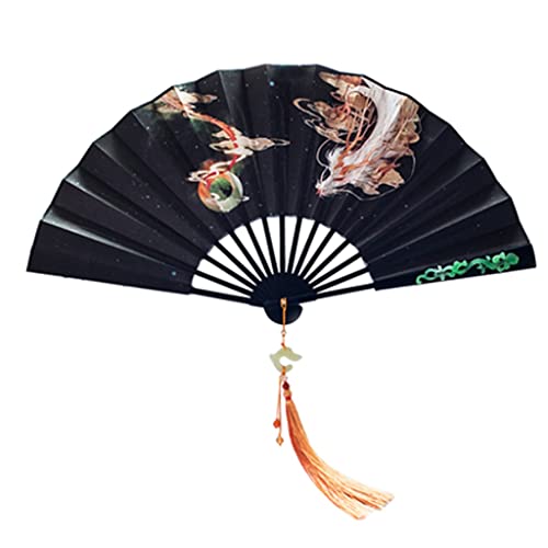 Folding Fan Hand Fan Boy Domineering Folding Fan Chinese Style Ancient Costume Retro Large Portable Hanfu Accessories Antique Fan (Black)