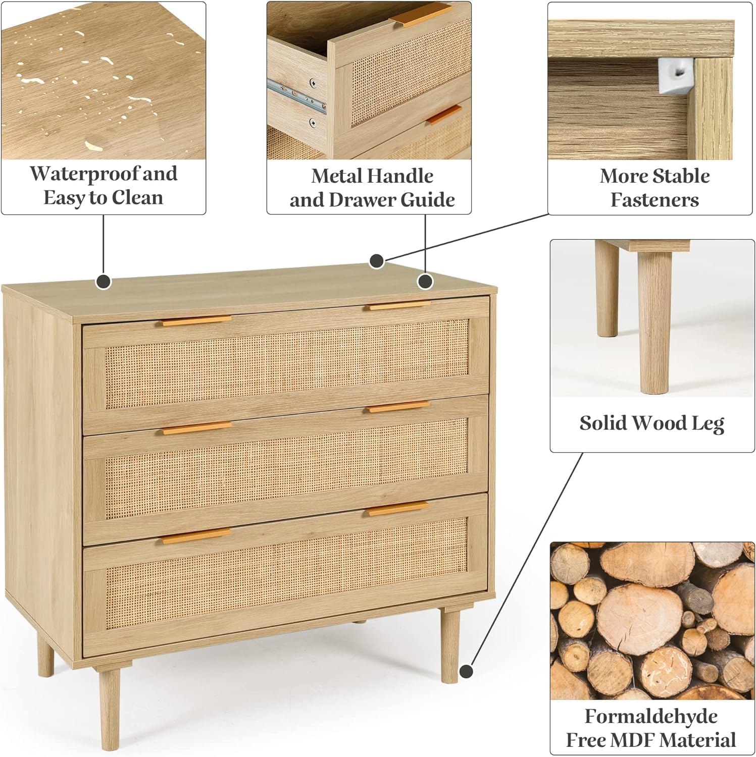 HOPUBUY Large Nightstand Set of 2 with Rattan Drawer, Modern 3 Drawer Night Stand for Bedroom, Wooden Bedside Table for Queen Size and King Size Bed,Oak