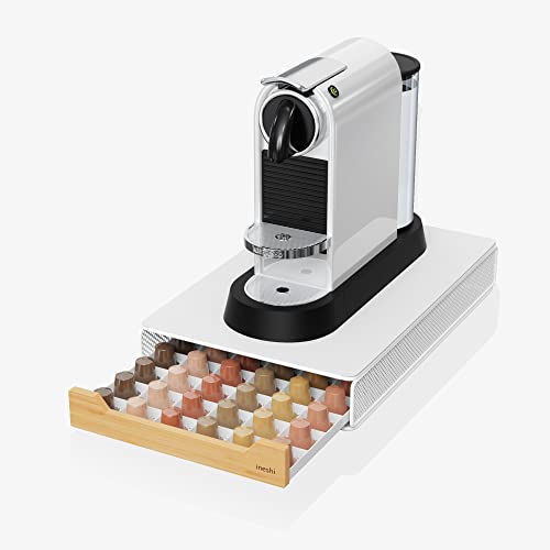 ineshi Bamboo PodStash™ - Coffee Pod Storage Drawer/Holder/Compatible with Nespresso Pods, 60 capacity (White)
