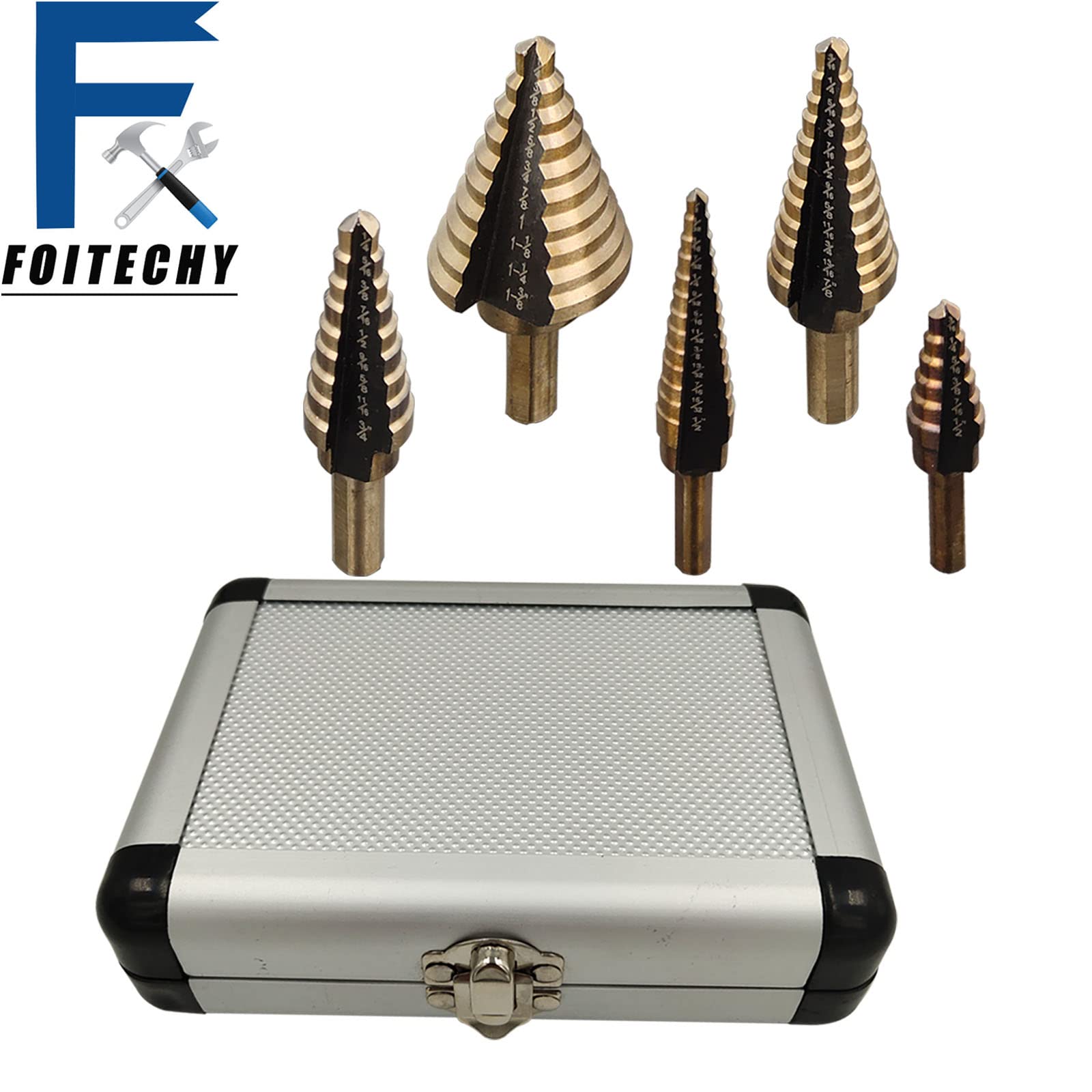 FOITECHY 5Pcs High Speed Step Drill Bit,Stainless Steel Metric Step Drill Bit,Cobalt Step Drill Bits for Metal,50 Sizes in 5 High Speed Steel Unibit Drill Bits Set for Sheet Metal with Aluminum Case