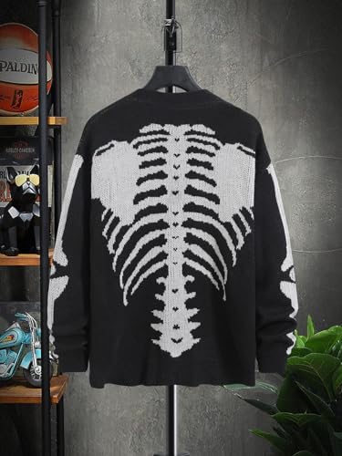 SHENHE Men's Skeleton Print Long Sleeve Cardigan Sweaters V Neck Button Down Outwear Coats Black L