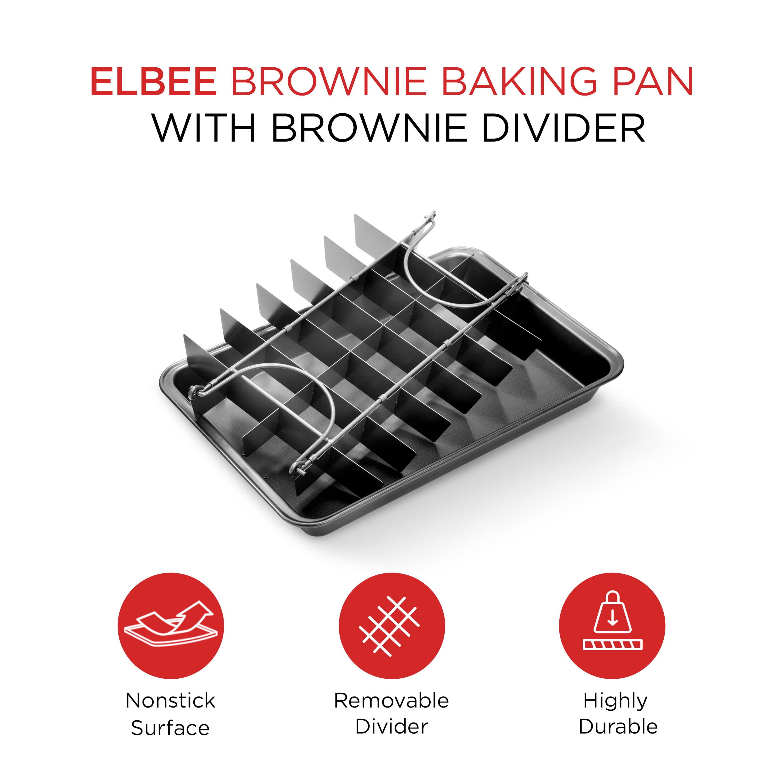 Elbee Home Professional Brownie Baking Pan, Includes Browny Divider for Perfectly Cut Brownies Every Time, Durable Carbon Steel, 13 Inch, Non Stick, Easy Clean