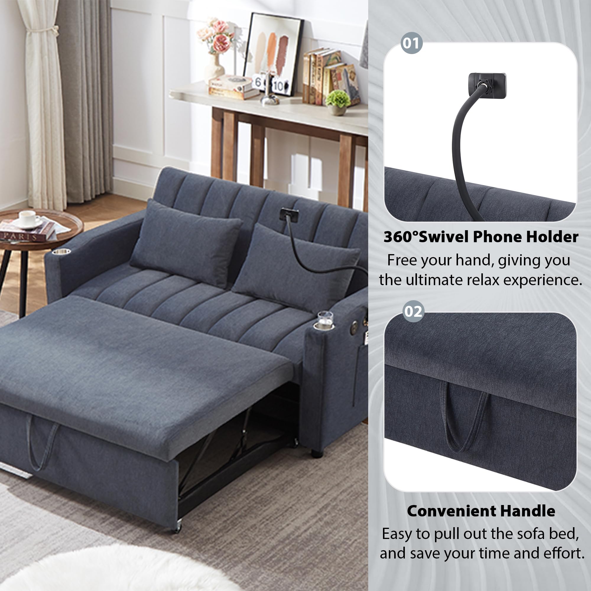 HoRunzelin Convertible Sofa Bed with USB Ports, Cup Holders, Side Pockets, Swivel Phone Holder and 2 Pillows, Bella Fabric Loveseat Sleeper Pull Out Couch, Blue Grey