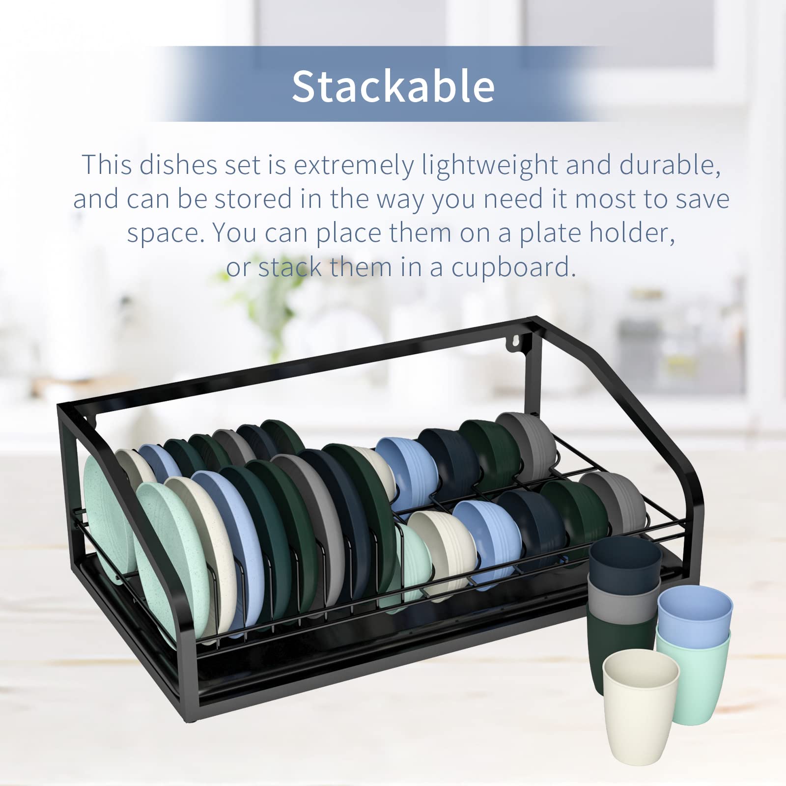 KEWOO Unbreakable Wheat Straw Dinnerware Sets of 4, 16Pcs Reusable Dinnerware Set,Lightweight Microwave Dishwasher Safe,Plates, Cups, Bowls for r Party, Picnic, Camping, Dorm (Blue)
