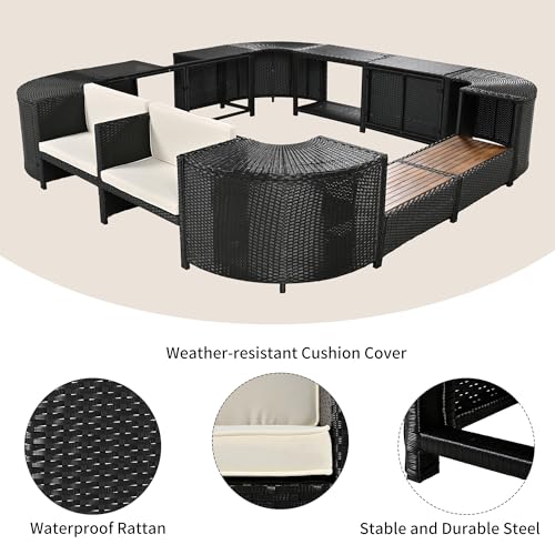 LOUHME c - Outdoor Rattan Sectional Sofa Set with Mini Couch, Patio Conversation Set Featuring Wooden Seats and Storage Spaces, for Garden and Poolside, Beige