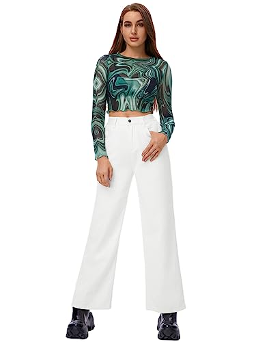 SweatyRocks Women's Casual Loose High Waist Solid Straight Wide Leg Jeans White Elastic Waist S