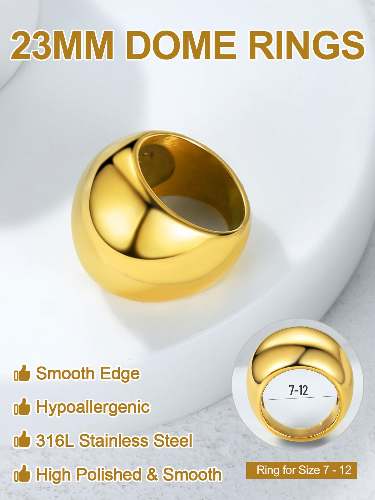 GOLDCHIC JEWELRY Gold Statement Ring for Women, 23mm Oversized Chunky Dome Rings Thick Cocktail Rings Size 7