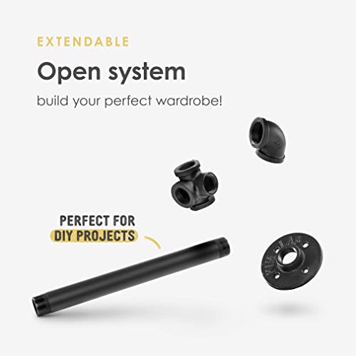 pamo Industrial Loft Design Kim III Edge Clothes Rail Over Corner Coat Rack for Walk-In Wardrobe Wall I Bedroom Clothes Rack Made of Black Sturdy Tubes for Wall Mounting