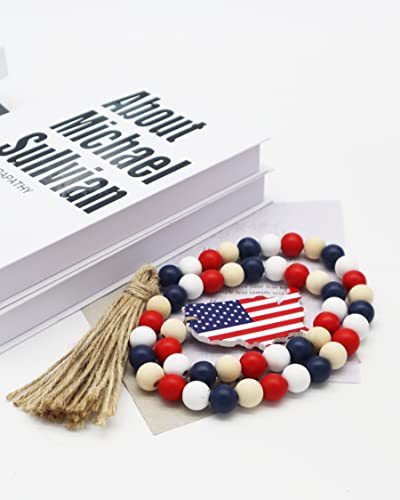 Wooden Beads Decor,Fall Decorations for Tiered Tray Decor Wood Bead Garland, Farmhouse Decor Beads with Tassel, Prayer Boho Beads Big Wall Hanging Decor (Red, White, Blue)