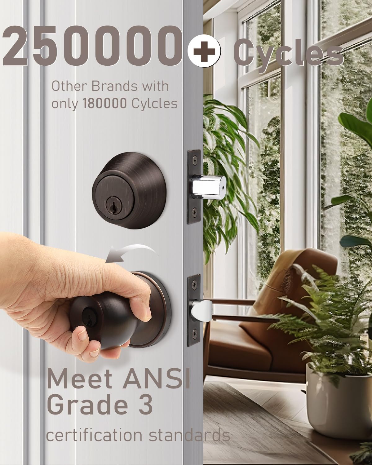 Exterior Deadbolt and Door Knob Set, Oil Rubbed Bronze Entry Door Locksets with Single Cylinder Deadbolt, 3 Pack Keyed Alike Door Lockset with Over 250000 Cycles