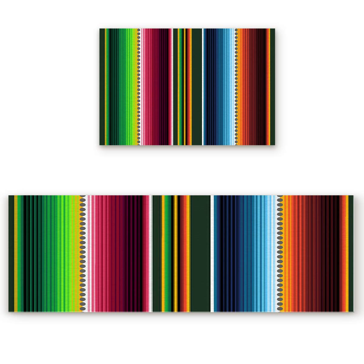 Infinidesign 2 Piece Mexican Serape Kitchen Mats Set 19.7x31.5inch+19.7x47.2inch, Anti-Fatigue Non-Slip Chef Mat Kitchen Rug Cushioned Floor Rugs, Colorful Stripes