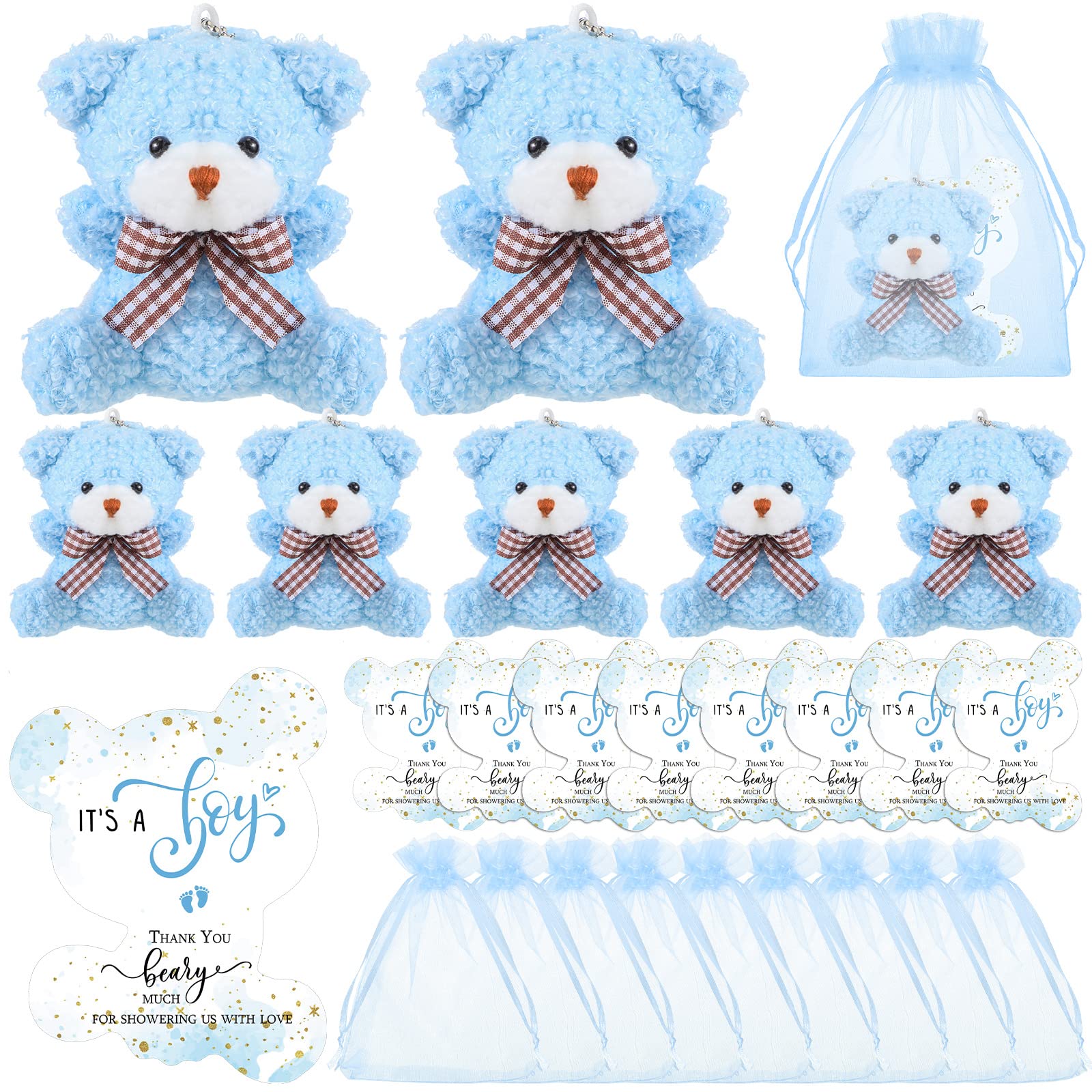 Sasylvia 25 Set Bear Baby Shower Favors for Guest 25 Mini Plush Toy Bear Tiny Bear Keychains 25 Thank You Tags 25 Organza Bag (Boy)
