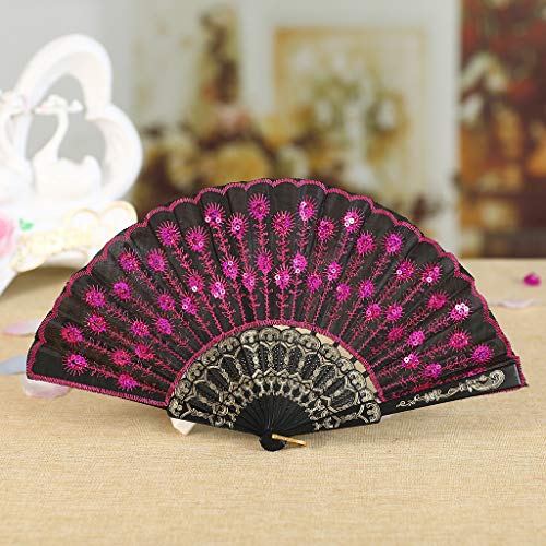 Folding Flower Hand Chinese Dance Wedding Silk Fan Style Lace Party Held Fans 6 Clip Fan Oscillating (Hot Pink-`, One Size)