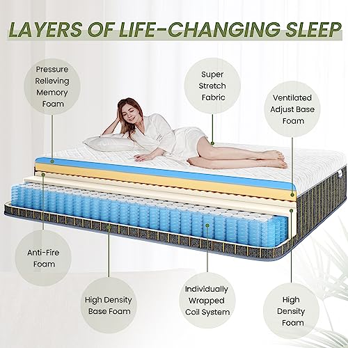 HOXURY Queen Mattress, 12 Inch Hybrid Mattress Queen Size, Memory Foam & Individually Wrapped Pocket Coils Innerspring Mattress in a Box, Pressure Relief & Cooler Sleeping