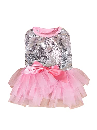QWINEE Bling Dog Dress Bow Decor Mesh Puppy Tutu Skirts Cute Princess Dog Cat Dress Pet Summer Holiday Birthday Dress for Small Medium Cats Dogs Kitten for Summer Pink B M