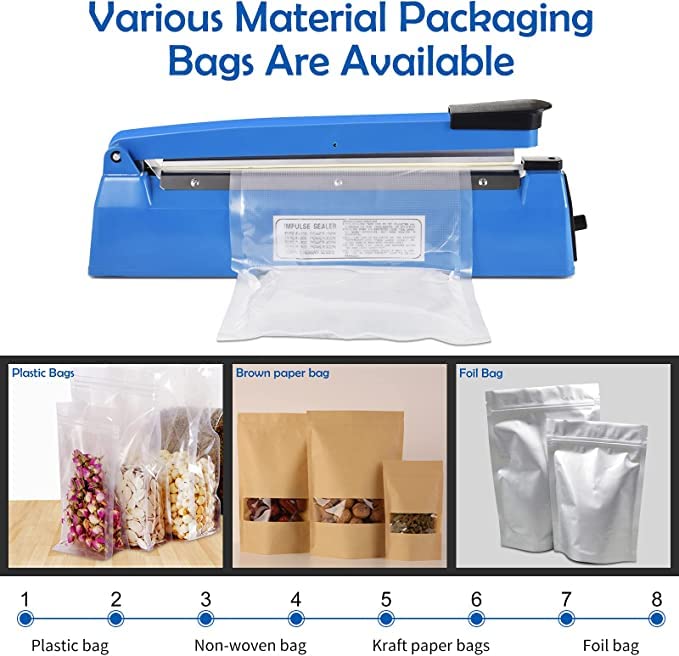 JIMBOH Impulse Sealer 8 Inch Manual Mini Bag Sealer Heavy Duty Heat Sealer Machine with Extra Replace Element Grip Manual Plastic Bags Sealer for Sealing Foods, PE & PP Bags