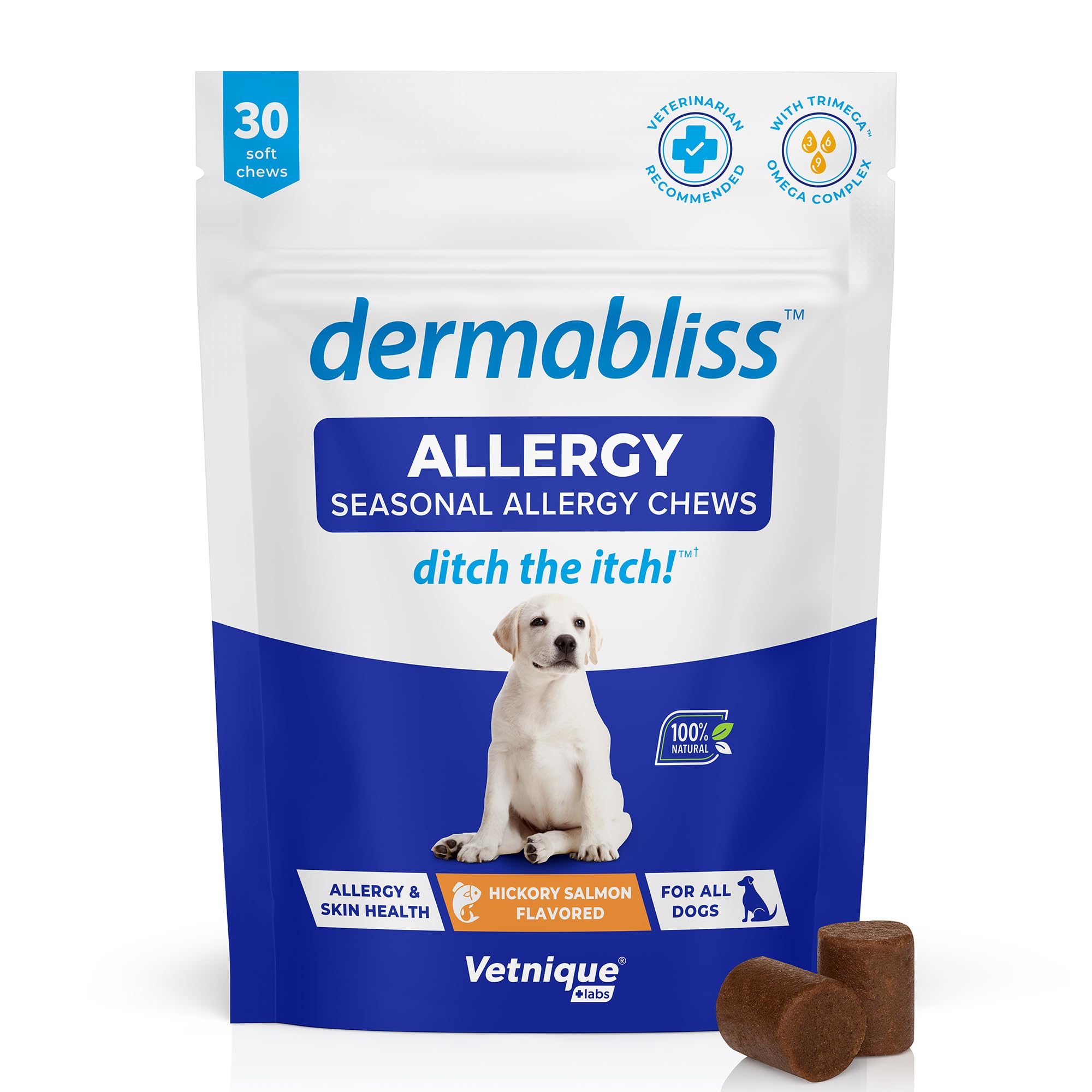 Vetnique Labs Dermabliss Seasonal Dog Allergy Chews (30ct) & Glandex Anal Gland Support Powder with Pumpkin for Dogs (5.5oz Beef) Bundle