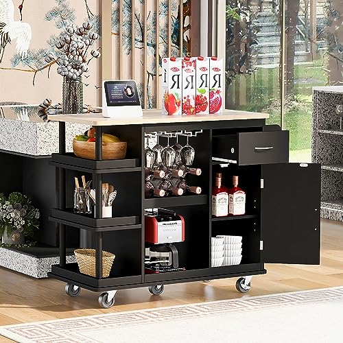 Kitchen Island Cart, Kitchen Carts on Wheels with Storage, Moveable Multipurpose Kitchen Island Cabinet with Shelves, Countertop, Wine Rack for Dining Room, Home, Bar, Black