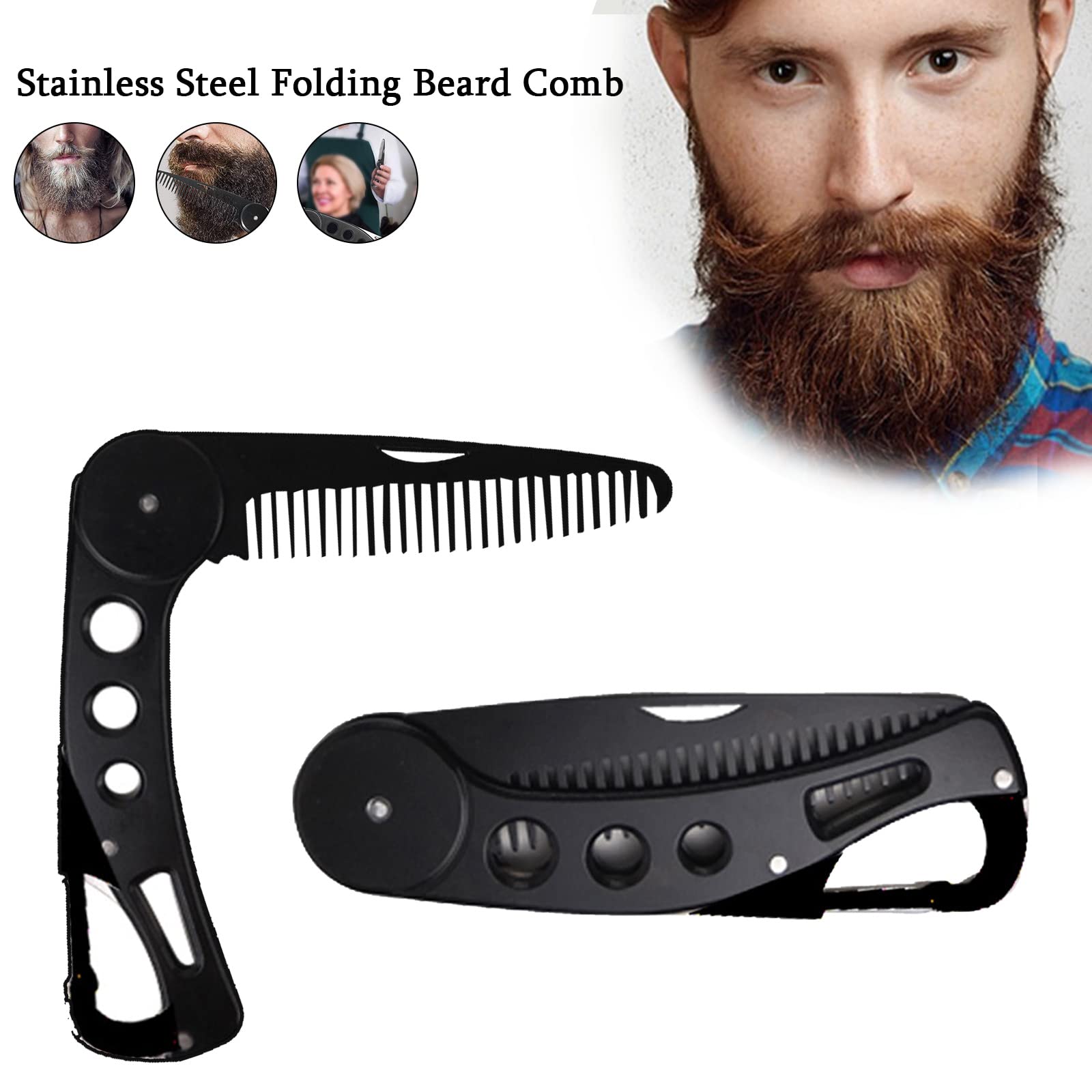 HUATOL Stainless Steel Folding Beard Comb，Portable Bottle Opener and Key Chain for Men Grooming, Combing Hair and Beard