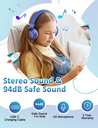 New bee Kids Bluetooth Headphones with Microphone Bluetooth 5.0 Wireless Kids Headphones with 32H Playtime/94dB Volume Limited On Ear Headphones for School/Girls/Boys/iPad/Fire Tablet(Blue)