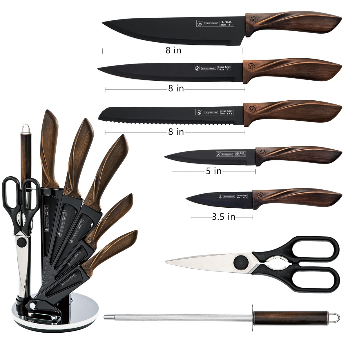 Kitchen Knife Set, 8-Piece Knife Sets for kitchen with Block and Sharpener Rod, High Carbon Stainless Steel Sharp Chef Knife Block Set Black Nonstick Coating & Ergonomic Handle