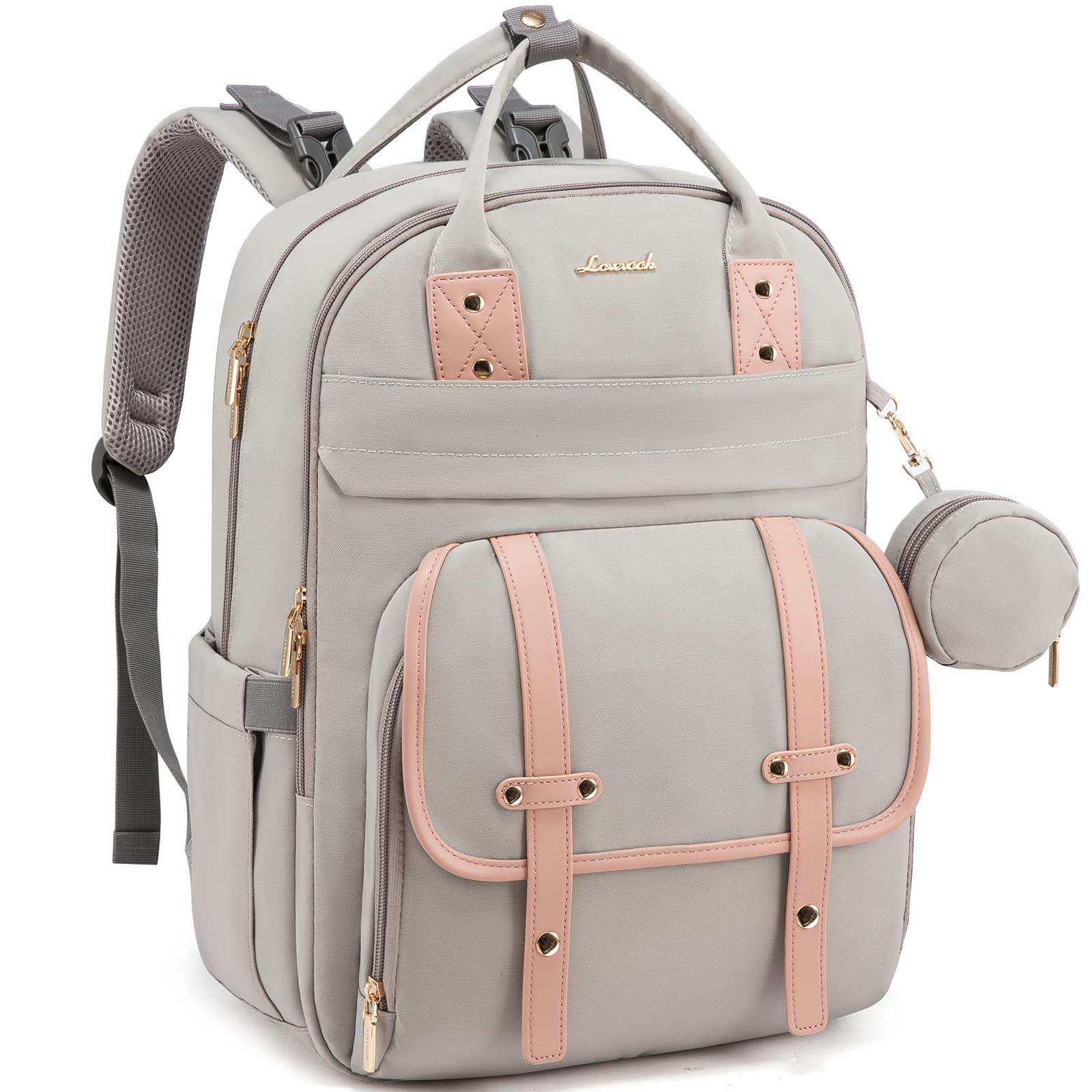 LOVEVOOK Diaper Bag Backpack, Multifunction Baby Bags for Girls, Large Travel Flap Diaper Backpack Nappy Bag with Pacifier Case & Stroller Straps, Diaper Bag with Changing Pad for Baby, Grey Pink