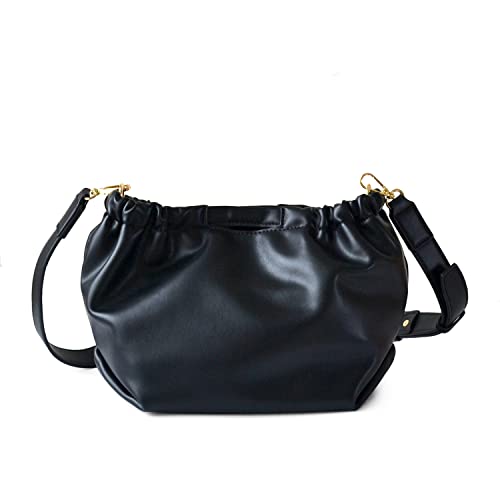 Jomenji Small Crossbody Bags for Women,Soft Leather Shoulder Bucket Purse, Black