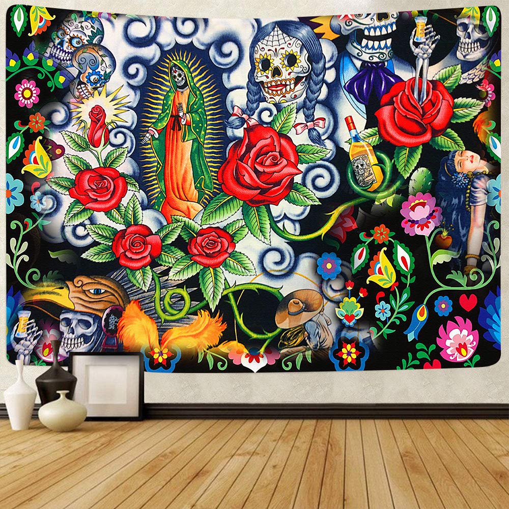 FEASRT Day of Dead Tapestry Rose Skull Tapestry Mexican Skeleton Tapestry Wall Hanging Tapestries for Bedroom Living Room Apartment Dorm Decorations Wall Art Decor Tapestry 80x60 Inches GTZYAY270