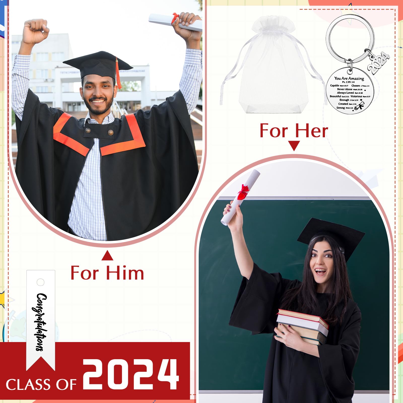 Kigeli 30 Pcs Class of 2024 Keychain Graduation Gift Keychain Bulk Inspirational Key Chain for Senior High School College (Bible)
