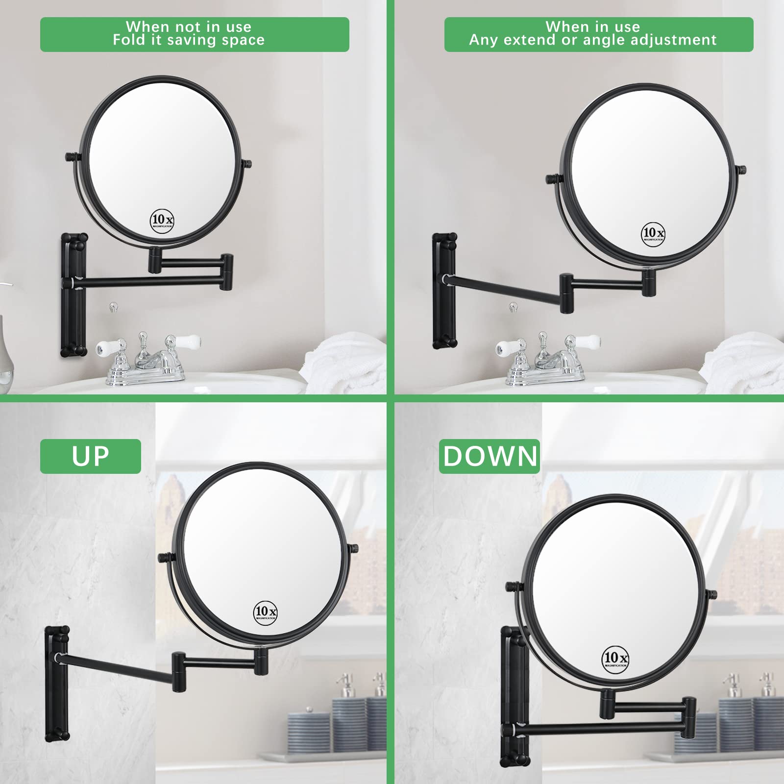 Kacuozx Adjustable Height Double-Sided Mirrors,Wall Mounted Makeup Vanity Mirror,1X/10X Magnifying Mirror for Bathroom,360-degree Rotation, 180-degree Retractable Folding (Black)